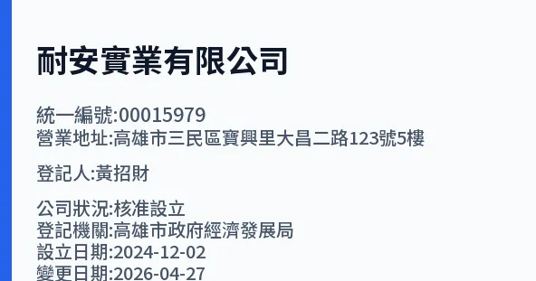 耐安實業有限公司的照片-統編 00015979(高雄市) 公司登記資料與營業項目詳細圖表