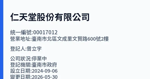 仁天堂股份有限公司的照片-統編 00017012(臺南市) 公司登記資料與營業項目詳細圖表
