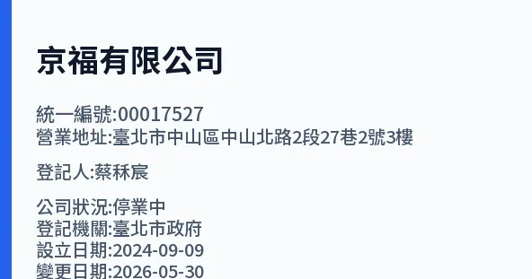 京福有限公司的照片-統編 00017527(臺北市) 公司登記資料與營業項目詳細圖表