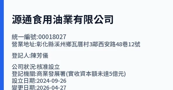 源通食用油業有限公司的照片-統編 00018027(彰化縣) 公司登記資料與營業項目詳細圖表