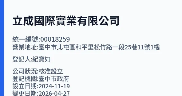 立成國際實業有限公司的照片-統編 00018259(臺中市) 公司登記資料與營業項目詳細圖表