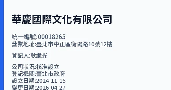 華慶國際文化有限公司的照片-統編 00018265(臺北市) 公司登記資料與營業項目詳細圖表