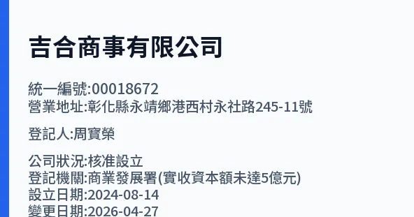 吉合商事有限公司的照片-統編 00018672(彰化縣) 公司登記資料與營業項目詳細圖表