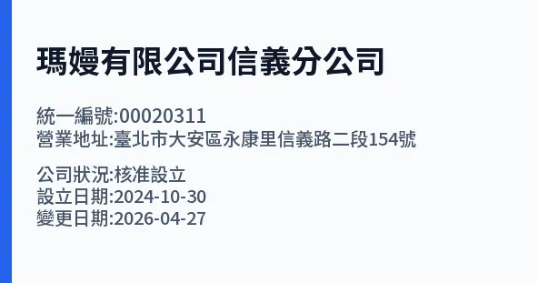 瑪嫚有限公司信義分公司的照片-統編 00020311(臺北市) 公司登記資料與營業項目詳細圖表