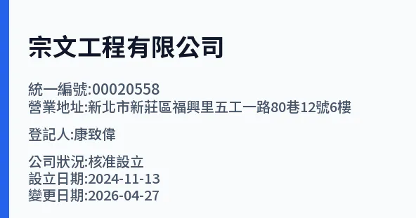 宗文工程有限公司的照片-統編 00020558(新北市) 公司登記資料與營業項目詳細圖表