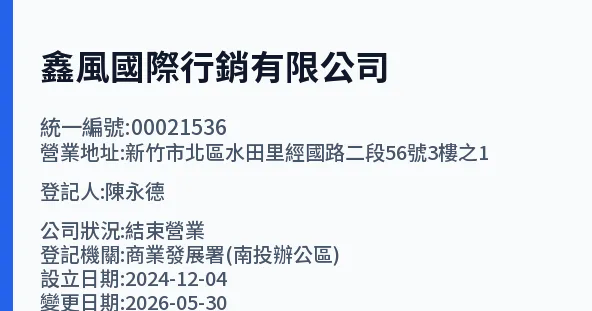 鑫風國際行銷有限公司的照片-統編 00021536(新竹市) 公司登記資料與營業項目詳細圖表