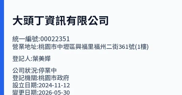 大頭丁資訊有限公司的照片-統編 00022351(桃園市) 公司登記資料與營業項目詳細圖表