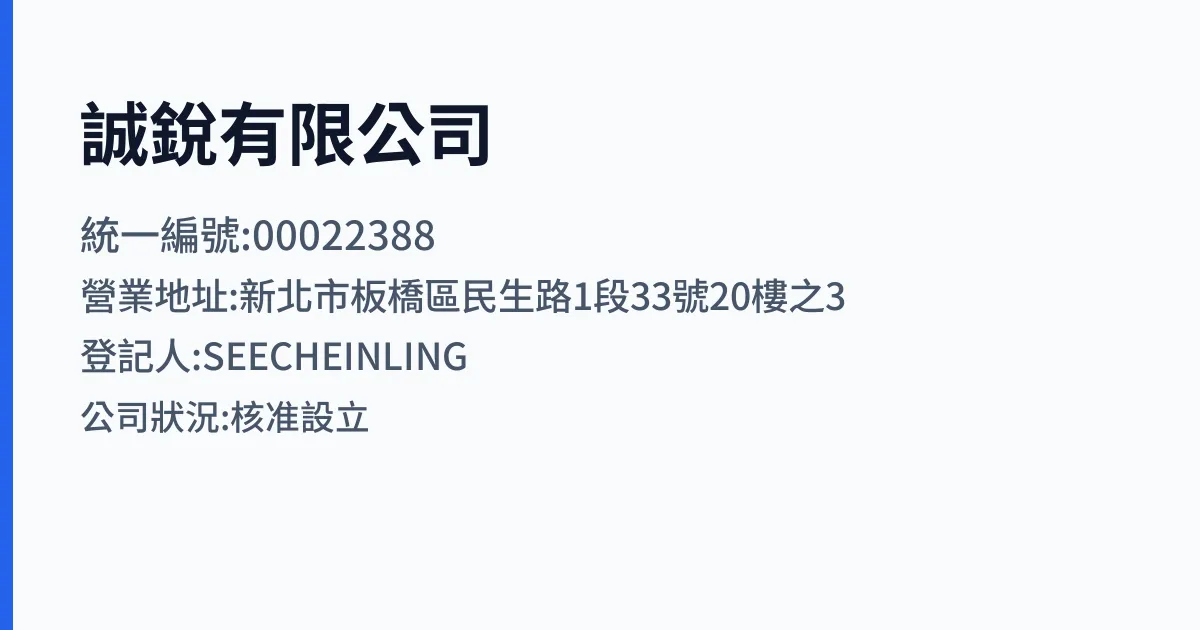 誠銳有限公司 - 統編 00022388(新北市) 公司登記資料與營業項目詳細圖表
