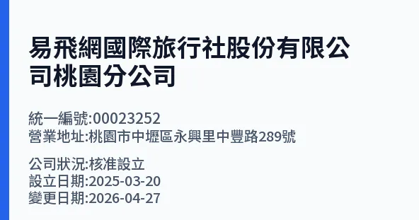 易飛網國際旅行社股份有限公司桃園分公司的照片-統編 00023252(桃園市) 公司登記資料與營業項目詳細圖表