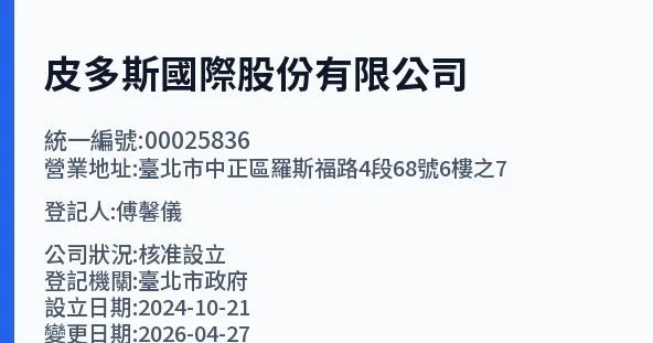 皮多斯國際股份有限公司的照片-統編 00025836(臺北市) 公司登記資料與營業項目詳細圖表