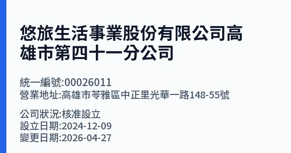 悠旅生活事業股份有限公司高雄市第四十一分公司的照片-統編 00026011(高雄市) 公司登記資料與營業項目詳細圖表
