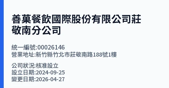 善菓餐飲國際股份有限公司莊敬南分公司的照片-統編 00026146(新竹縣) 公司登記資料與營業項目詳細圖表