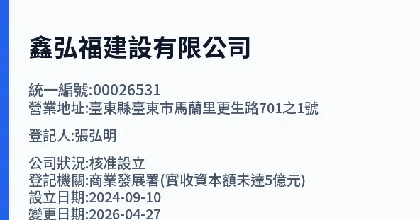 鑫弘福建設有限公司的照片-統編 00026531(臺東縣) 公司登記資料與營業項目詳細圖表