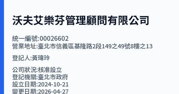 沃夫艾樂芬管理顧問有限公司的照片-統編 00026602(臺北市) 公司登記資料與營業項目詳細圖表