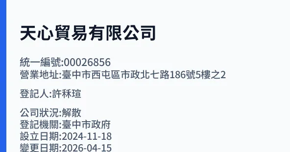 天心貿易有限公司的照片-統編 00026856(臺中市) 公司登記資料與營業項目詳細圖表