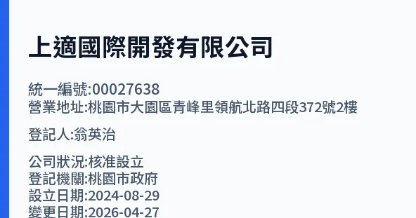 上適國際開發有限公司的照片-統編 00027638(桃園市) 公司登記資料與營業項目詳細圖表