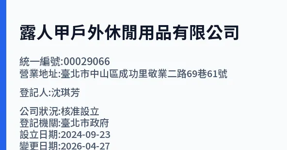 露人甲戶外休閒用品有限公司的照片-統編 00029066(臺北市) 公司登記資料與營業項目詳細圖表