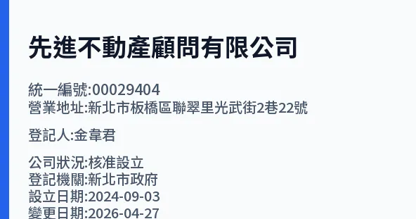 先進不動產顧問有限公司的照片-統編 00029404(新北市) 公司登記資料與營業項目詳細圖表