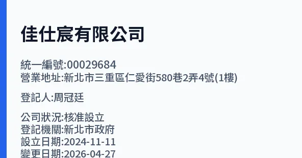 佳仕宸有限公司的照片-統編 00029684(新北市) 公司登記資料與營業項目詳細圖表