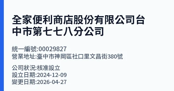 全家便利商店股份有限公司台中市第七七八分公司的照片-統編 00029827(臺中市) 公司登記資料與營業項目詳細圖表