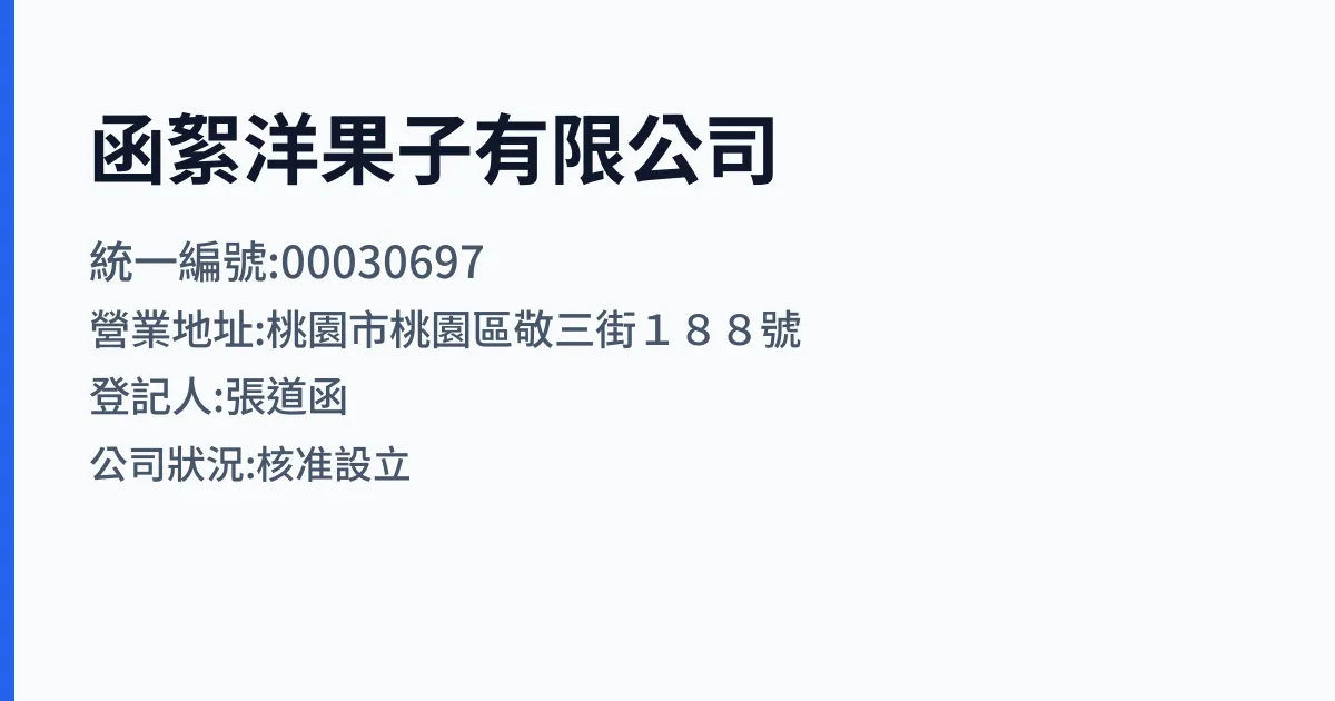 函絮洋果子有限公司 - 統編 00030697(桃園市) 公司登記資料與營業項目詳細圖表