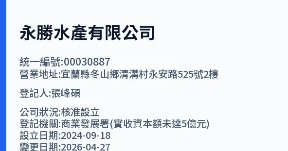 永勝水產有限公司的照片-統編 00030887(宜蘭縣) 公司登記資料與營業項目詳細圖表