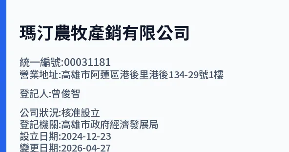 瑪汀農牧產銷有限公司的照片-統編 00031181(高雄市) 公司登記資料與營業項目詳細圖表