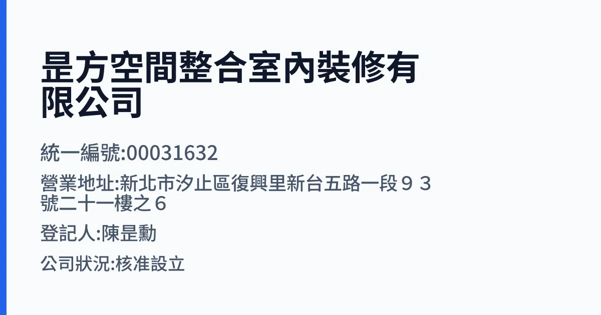 昰方空間整合室內裝修有限公司 - 統編 00031632(新北市) 公司登記資料與營業項目詳細圖表