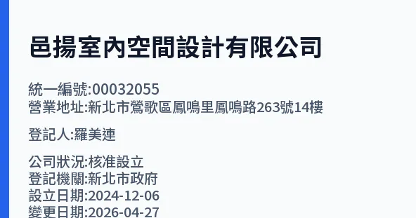 邑揚室內空間設計有限公司的照片-統編 00032055(新北市) 公司登記資料與營業項目詳細圖表