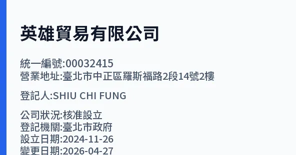 英雄貿易有限公司的照片-統編 00032415(臺北市) 公司登記資料與營業項目詳細圖表