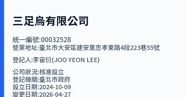 三足烏有限公司的照片-統編 00032528(臺北市) 公司登記資料與營業項目詳細圖表