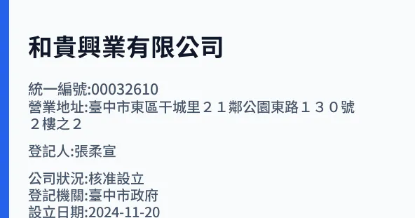 和貴興業有限公司的照片-統編 00032610(臺中市) 公司登記資料與營業項目詳細圖表