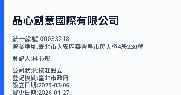品心創意國際有限公司的照片-統編 00033218(臺北市) 公司登記資料與營業項目詳細圖表