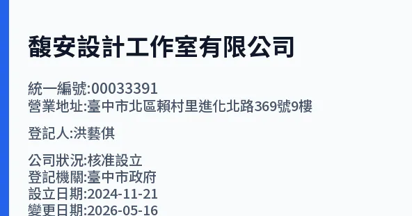 馥安設計工作室有限公司的照片-統編 00033391(臺中市) 公司登記資料與營業項目詳細圖表