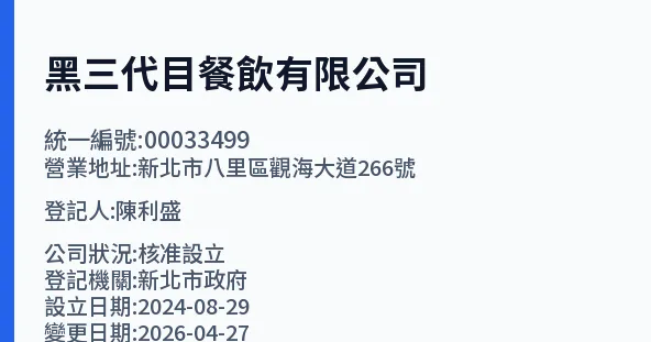 黑三代目餐飲有限公司的照片-統編 00033499(新北市) 公司登記資料與營業項目詳細圖表
