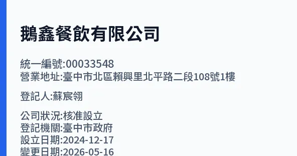 鵝鑫餐飲有限公司的照片-統編 00033548(臺中市) 公司登記資料與營業項目詳細圖表