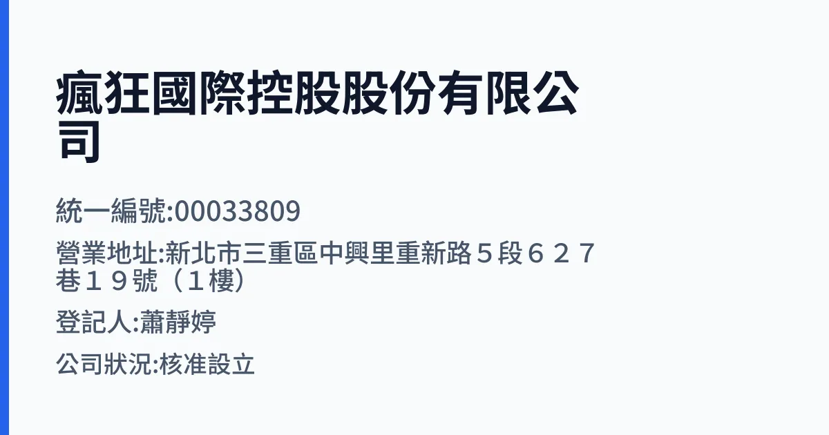 瘋狂國際控股股份有限公司 - 統編 00033809(新北市) 公司登記資料與營業項目詳細圖表