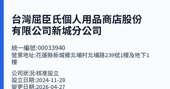 台灣屈臣氏個人用品商店股份有限公司新城分公司的照片-統編 00033940(花蓮縣) 公司登記資料與營業項目詳細圖表
