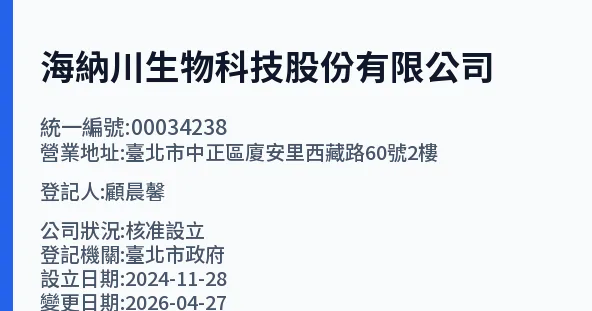 海納川生物科技股份有限公司的照片-統編 00034238(臺北市) 公司登記資料與營業項目詳細圖表