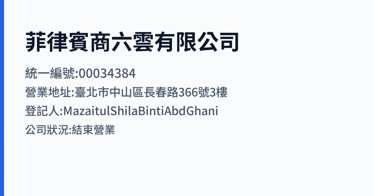 菲律賓商六雲有限公司 - 統編 00034384(臺北市) 公司登記資料與營業項目詳細圖表