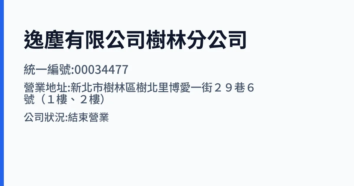 逸塵有限公司樹林分公司 - 統編 00034477(新北市) 公司登記資料與營業項目詳細圖表