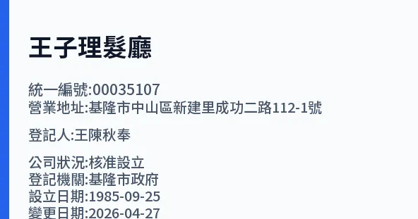 王子理髮廳的照片-統編 00035107(基隆市) 公司登記資料與營業項目詳細圖表