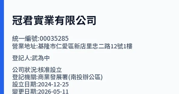 冠君實業有限公司的照片-統編 00035285(基隆市) 公司登記資料與營業項目詳細圖表