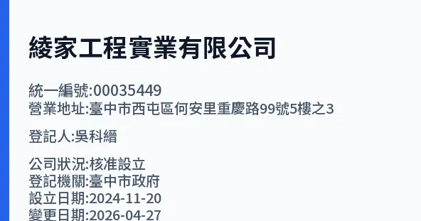 綾家工程實業有限公司的照片-統編 00035449(臺中市) 公司登記資料與營業項目詳細圖表