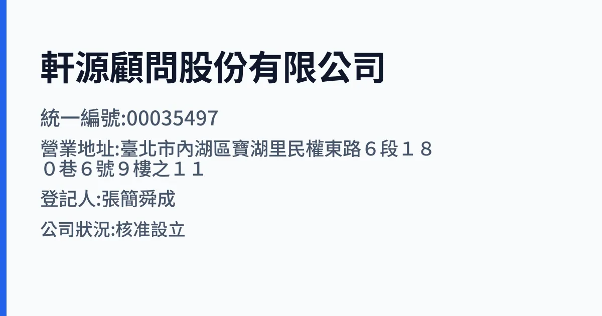 軒源顧問股份有限公司 - 統編 00035497(臺北市) 公司登記資料與營業項目詳細圖表