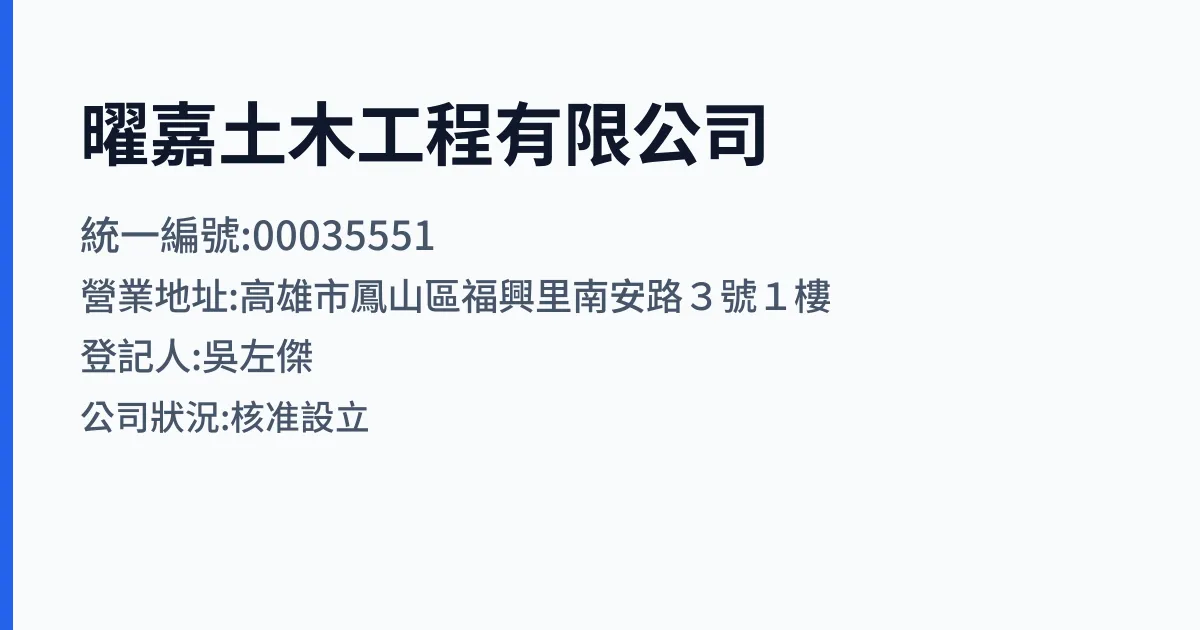 曜嘉土木工程有限公司 - 統編 00035551(高雄市) 公司登記資料與營業項目詳細圖表