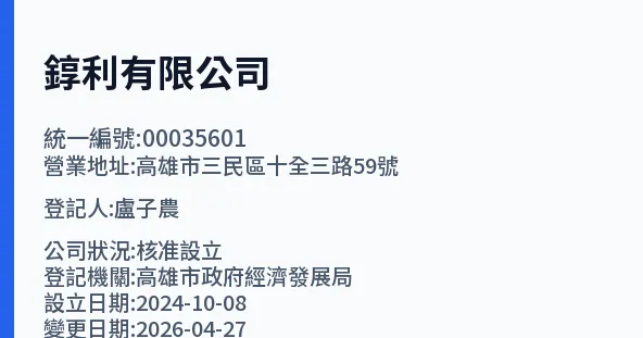 錞利有限公司的照片-統編 00035601(高雄市) 公司登記資料與營業項目詳細圖表