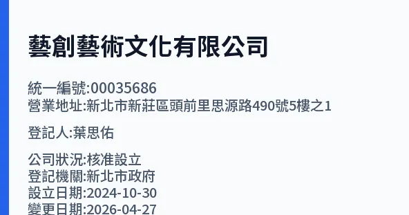 藝創藝術文化有限公司的照片-統編 00035686(新北市) 公司登記資料與營業項目詳細圖表