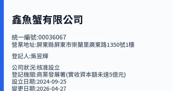 鑫魚蟹有限公司的照片-統編 00036067(屏東縣) 公司登記資料與營業項目詳細圖表