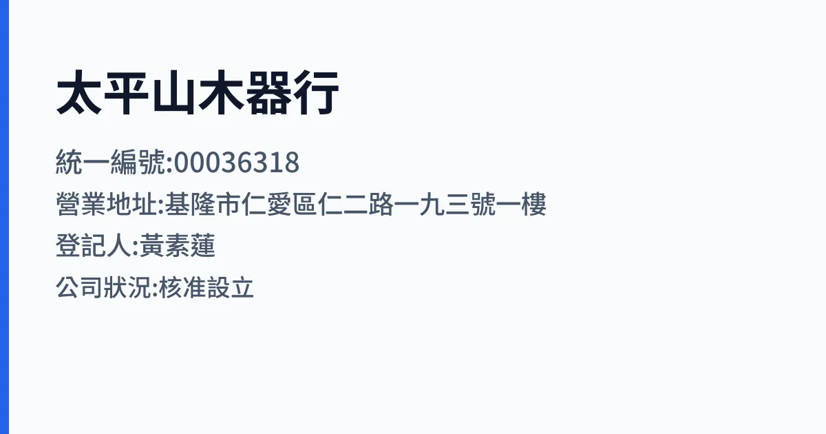 太平山木器行 - 統編 00036318(基隆市) 公司登記資料與營業項目詳細圖表